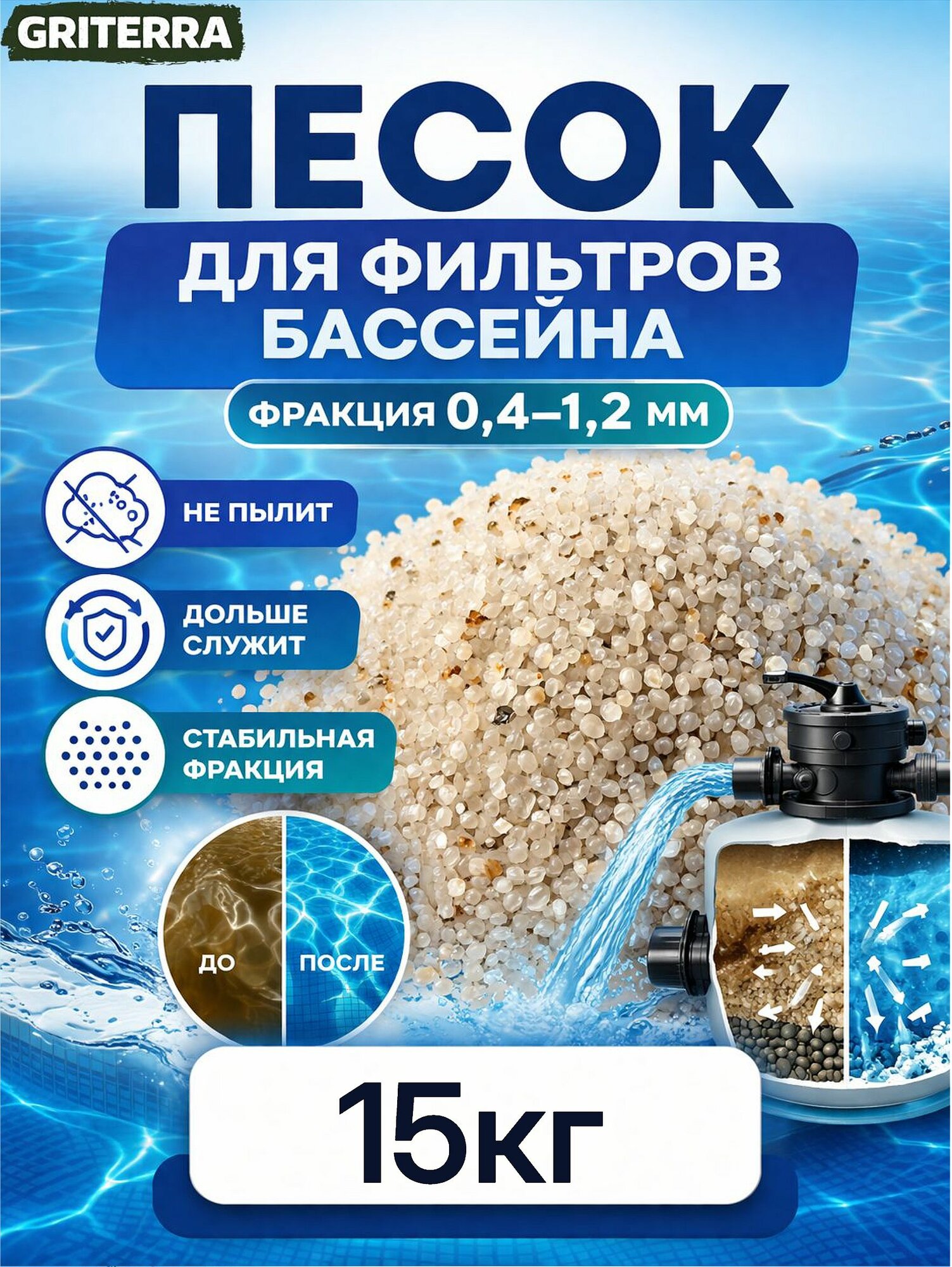 Кварцевый песок для фильтрации воды, 0,4-1,2мм (для бассейнов и фильтров, песочниц) 15кг