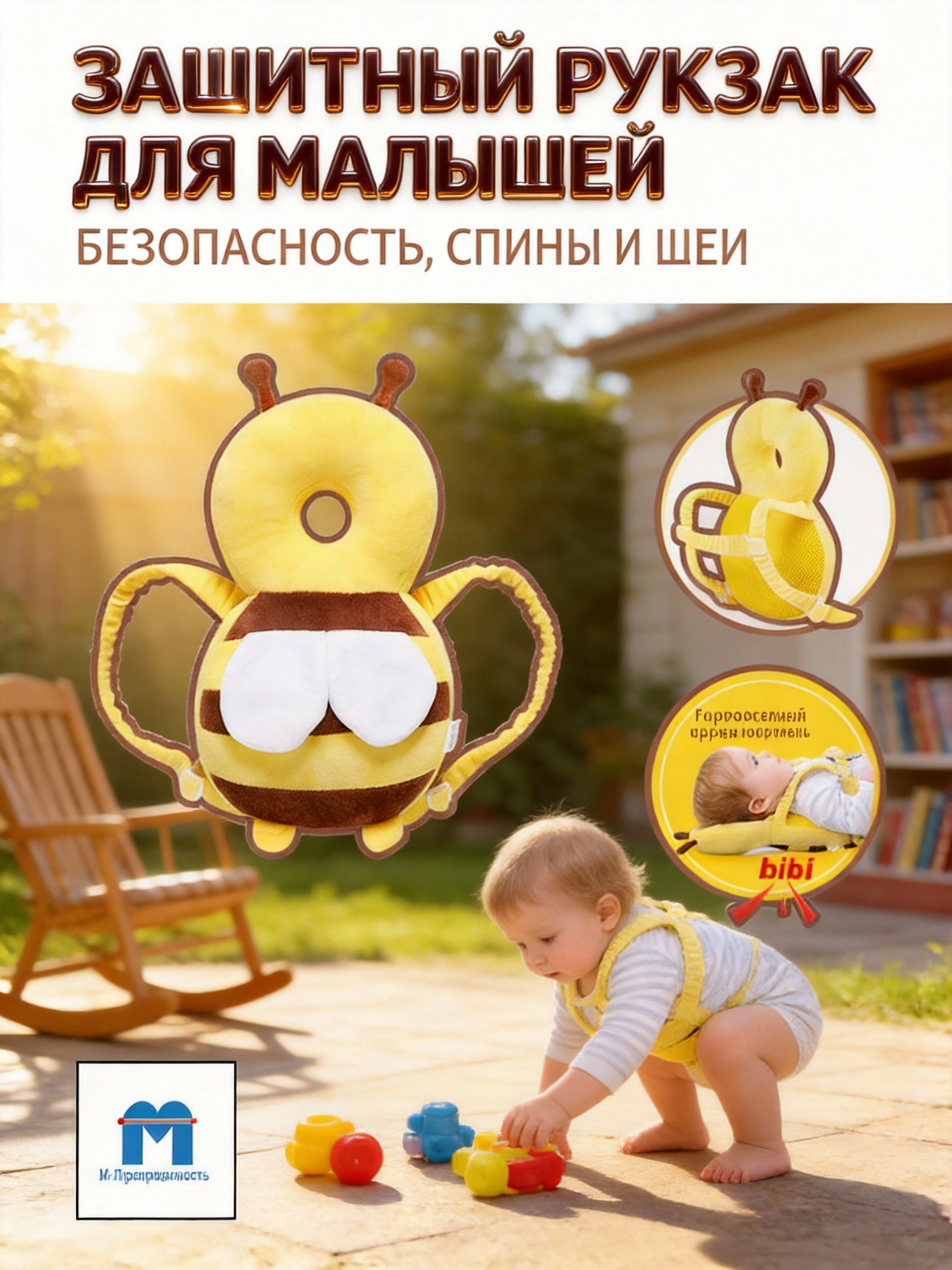 Защитный рюкзак-подушка для малышей, защита головы и спины при падении для детей от 6 месяцев до 2 лет с регулируемыми лямками и милым дизайном пчела