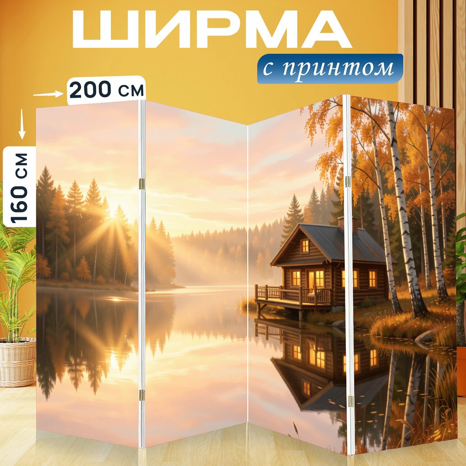 Ширма "Лесной домик у озера. Уютная деревянная избушка на берегу спокойного водоема, осенние березы и хвойный." перегородка для зонирования комнаты с принтом 200x160 см. на холсте