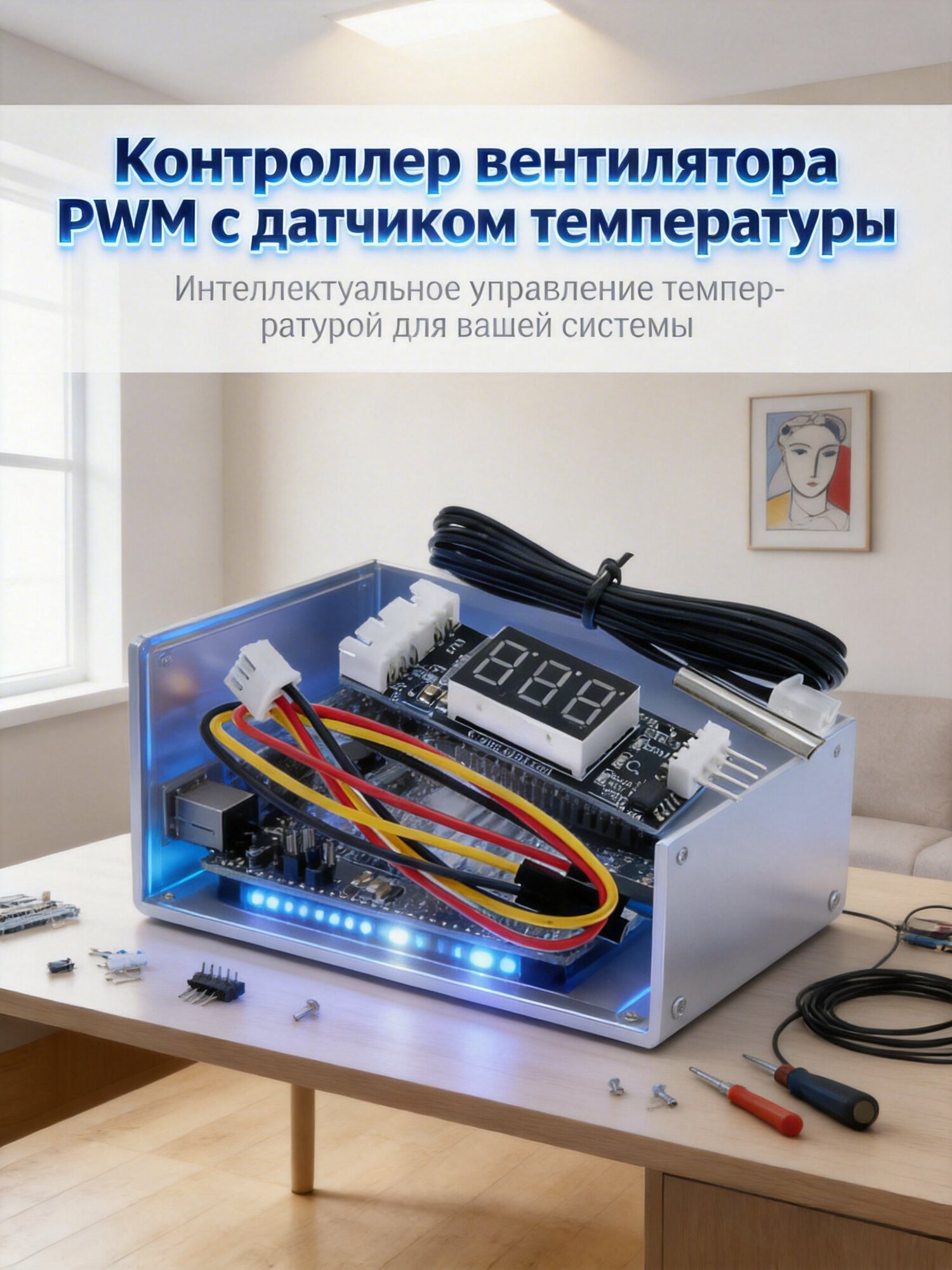 Контроллер скорости вентилятора 4-проводной PWM с датчиком и дисплеем для ПК и электронных шкафов DC12V 3A 1Set
