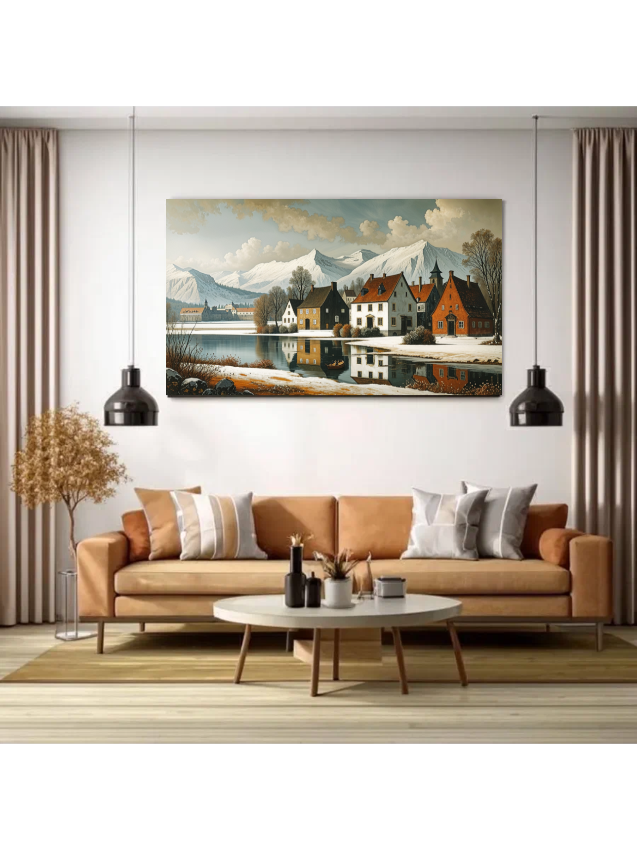 Картина горизонтальная на стену над диваном Альпийская деревня, горы, озеро, 40*70 см