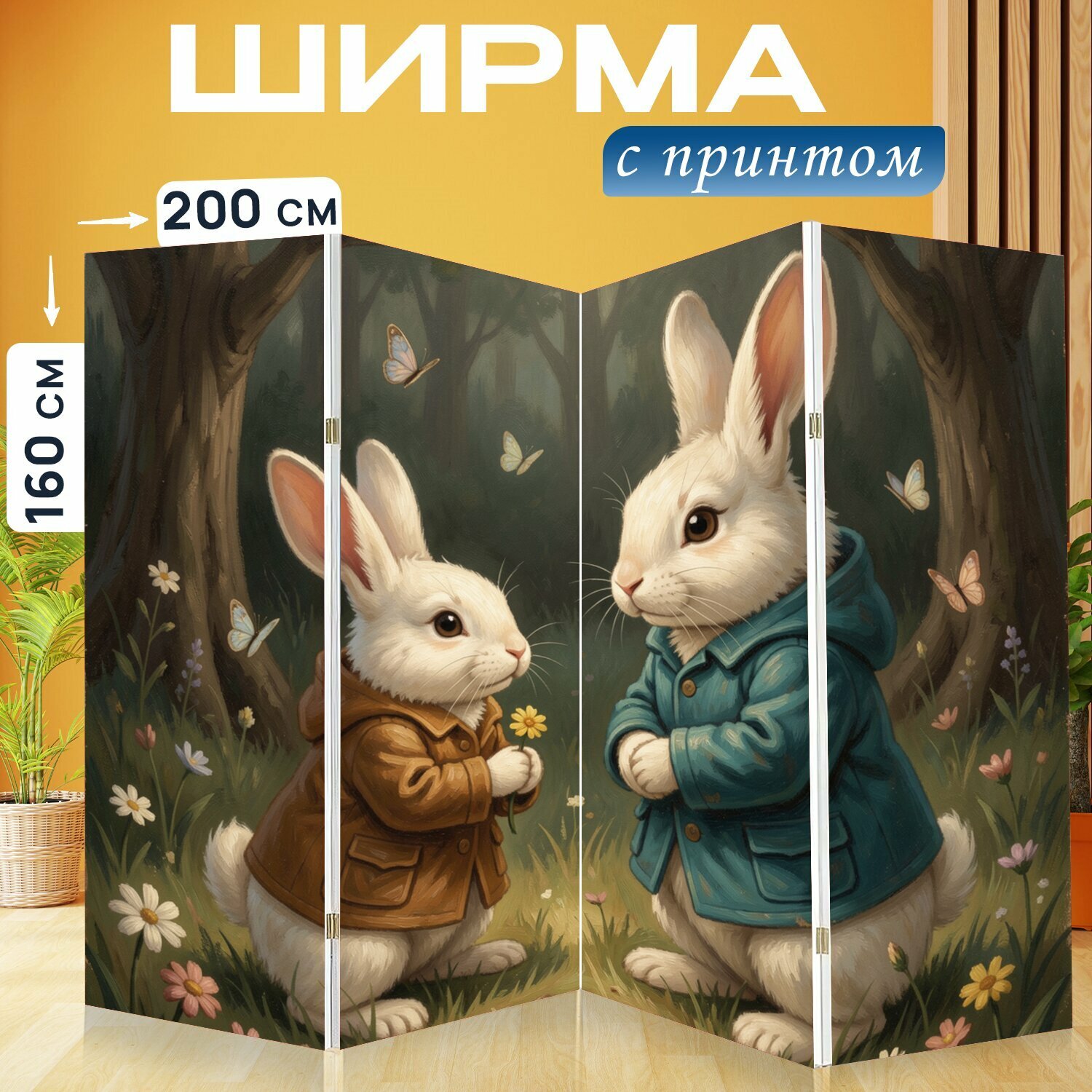 Ширма "Два кролика в лесу. Милые белоснежные зайцы в курточках среди деревьев, цветов и бабочек. Сказочная." перегородка для зонирования комнаты с принтом 200x160 см. на холсте