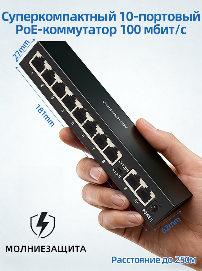 Суперкомпактный PoE-коммутатор на 8 портов с питанием 96 Вт, 2 Uplink, до 250 м, для систем видеонаблюдения