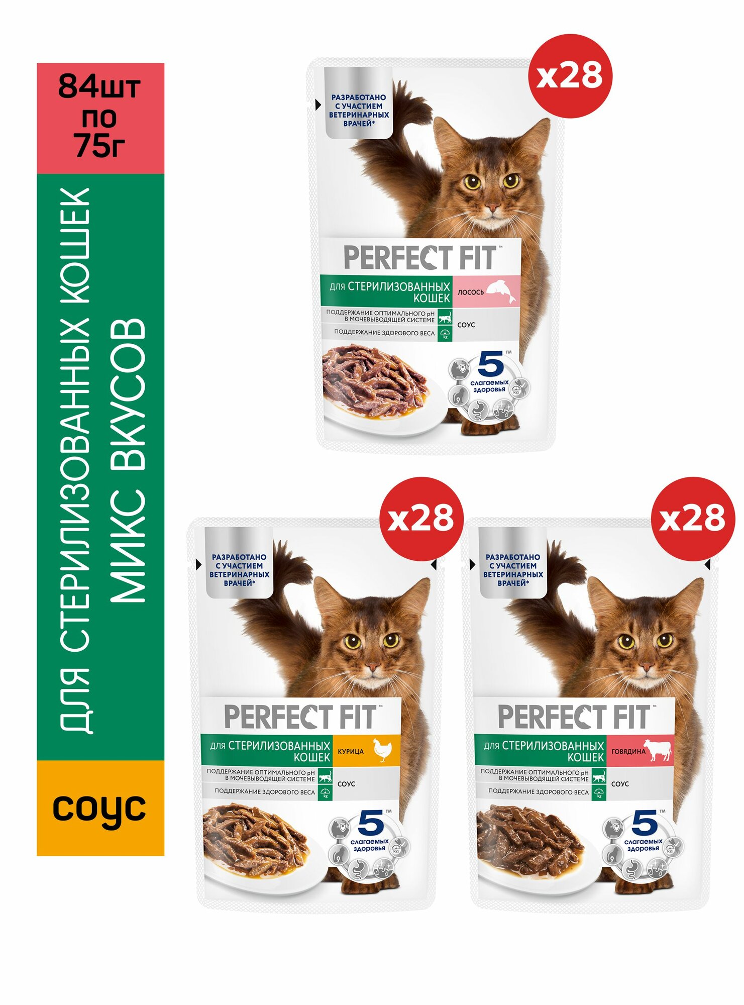 Влажный полнорационный корм Perfect Fit для стерилизованных кошек: лосось, курица, говядина, в соусе, 84 шт по 75 г