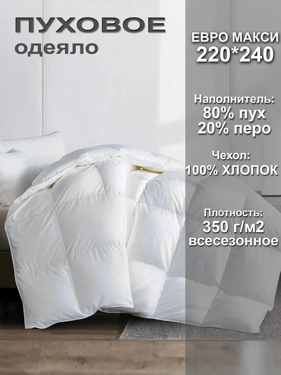 Одеяло Евро макси 220x245 см, Всесезонное, Зимнее, с наполнителем Пух-перо, комплект из 1 шт