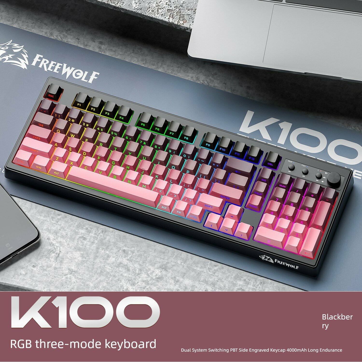 Free Wolf K100 беспроводная Bluetooth трёхрежимная механическая клавиатура для игр и офиса тихая с шариковыми клавишами