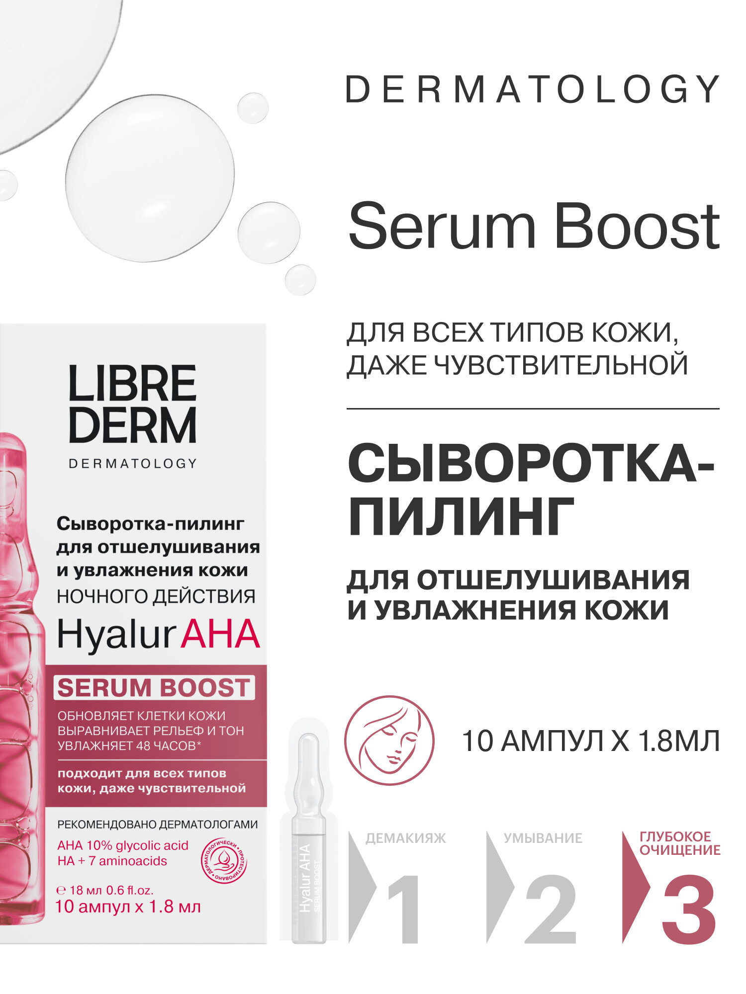LIBREDERM сыворотка для лица ночного действия SERUM BOOST для отшелушивания и увлажнения кожи Hyalur AHА, 10 ампул