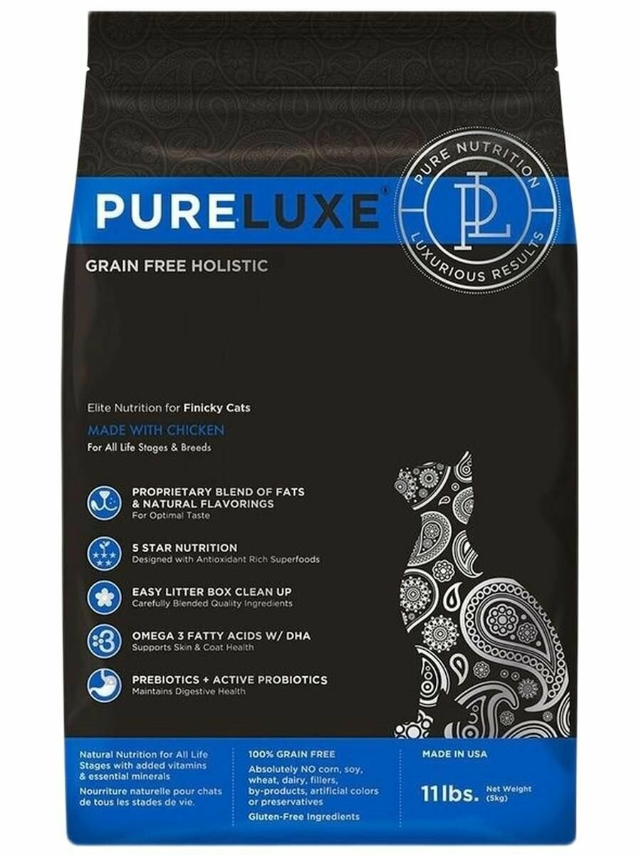 Сухой беззерновой корм PureLuxe Пурлюкс для привередливых кошек с курицей 5 кг
