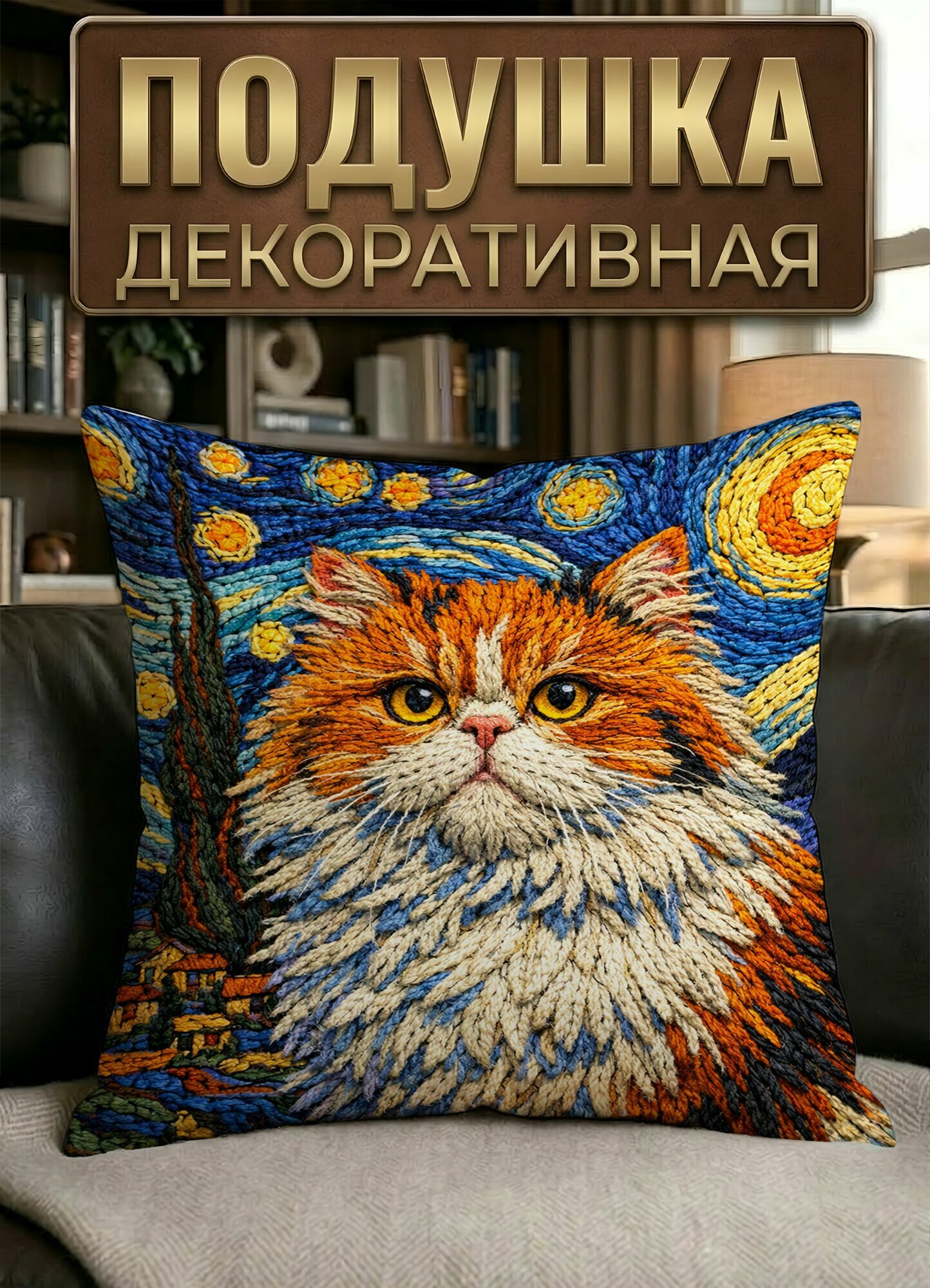 Подушка декоративная Кошки Ван Гог Звездная ночь Персидская кошка