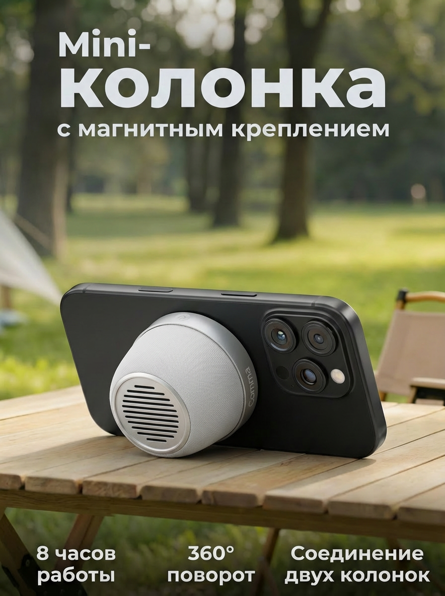 Колонка беспроводная Bluetooth портативная, маленькая мини музыкальная колонка на магните для велосипеда COMMA чёрный