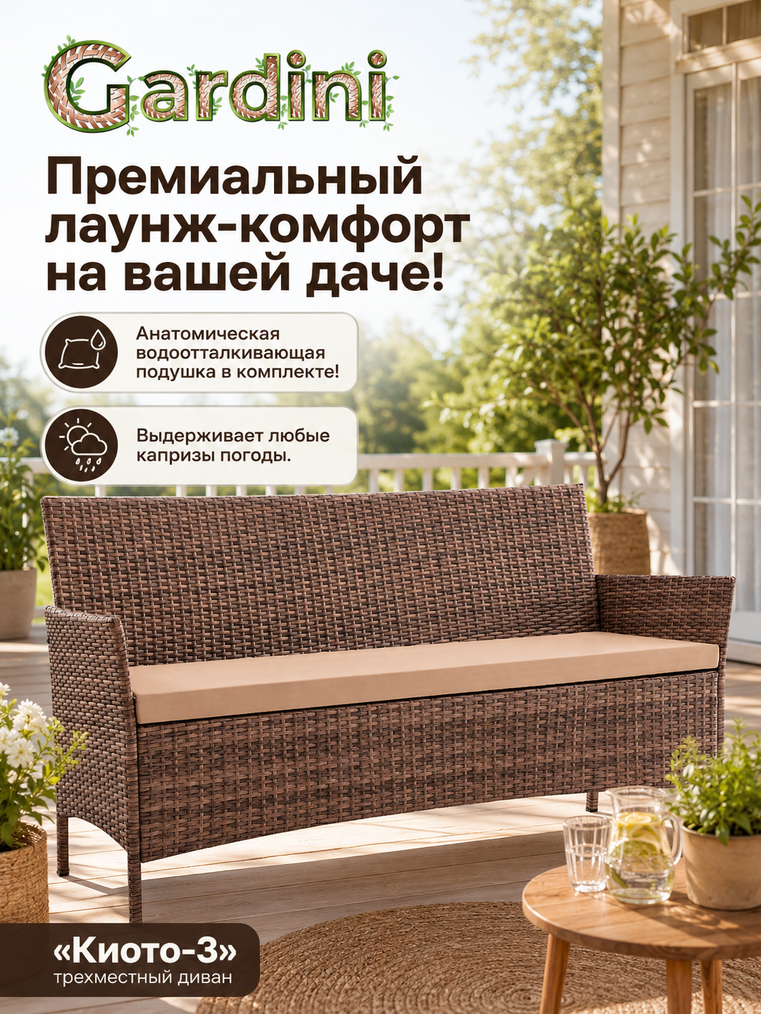 Диван 3-х местный искусственный ротанг Киото-3, садовый уличный плетеный диван для дачи веранды террасы капучино
