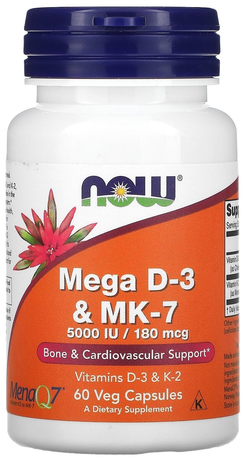 Now Foods, Mega D-3 & MK-7, витамин K2 в форме MK-7, 60 капсул