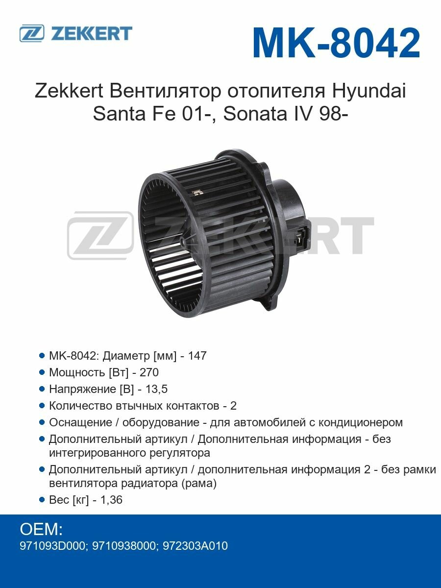 Zekkert Вентилятор отопителя Hyundai Santa Fe 01-, Sonata IV 98-
