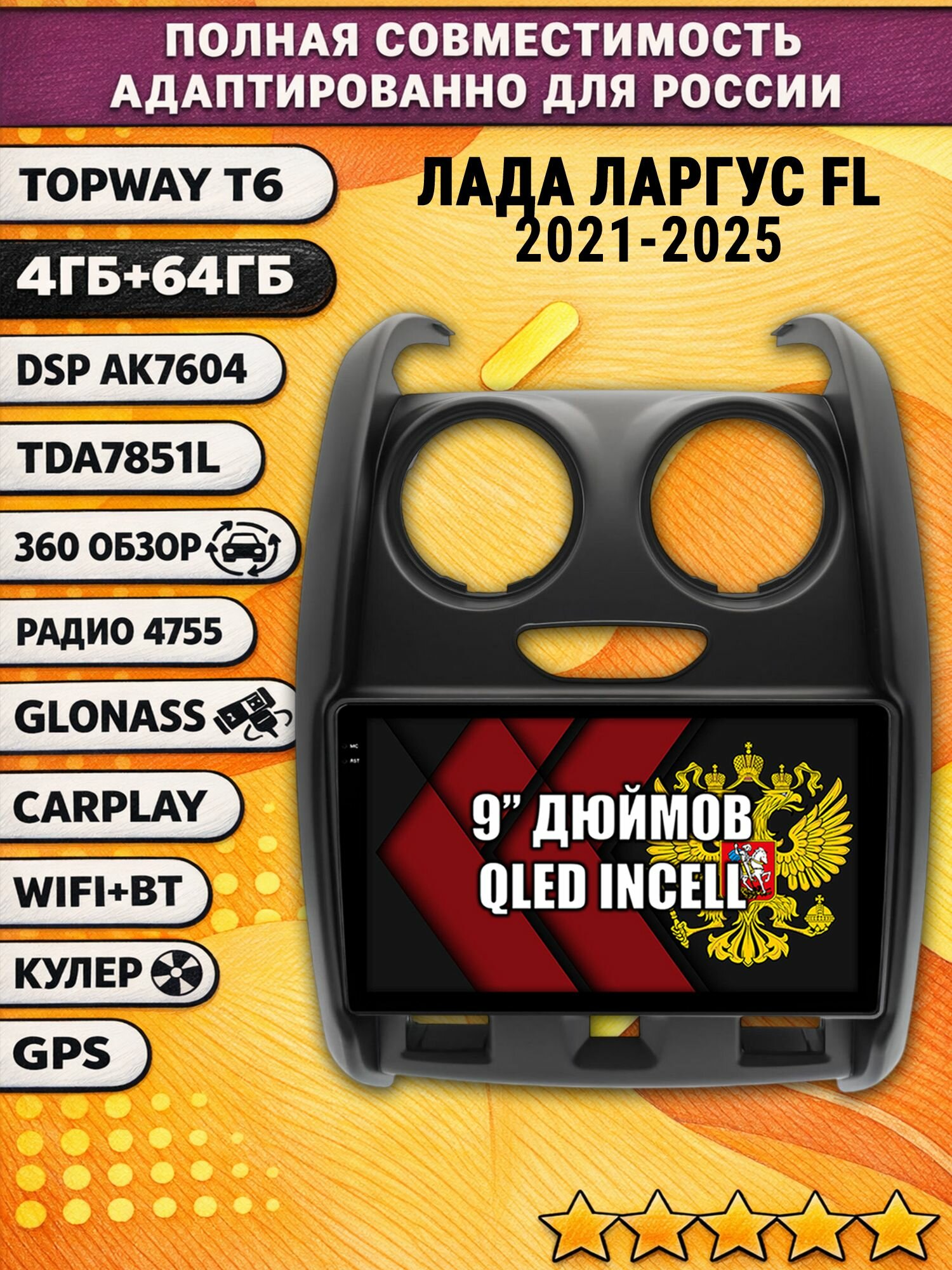 Штатная Андроид магнитола 9 для LADA LARGUS FL / лада ларгус ФЛ (2021 2022 2023 2024 2025), 4/64гб, 360 обзор, DSP, беспроводной CarPlay/Android Auto, GPS/ГЛОНАСС, рамка матовая