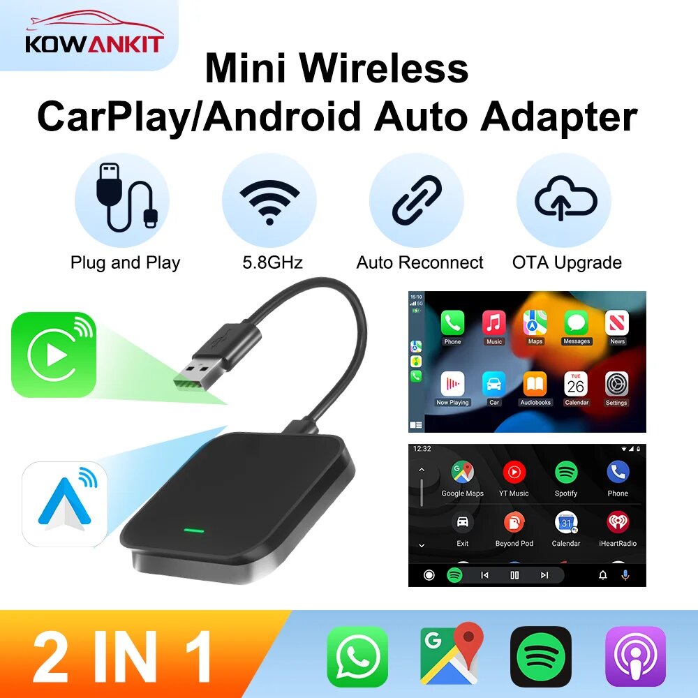 Беспроводной адаптер CarPlay 2 в 1, беспроводной адаптер Android Auto, автомобильный адаптер Plug & Play для Bluetooth Smart Mini AI Box KowanKit 2026