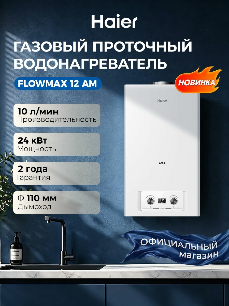 Водонагреватель проточный газовый Haier FlowMax 12AM, 24 кВт, 12 л/мин, дымоход 110 мм, природный газ, белый