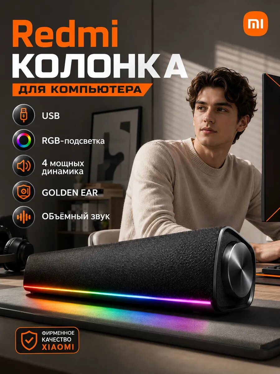 Компьютерный саундбар с RGB-подсветкой, проводная акустическая колонка для ПК