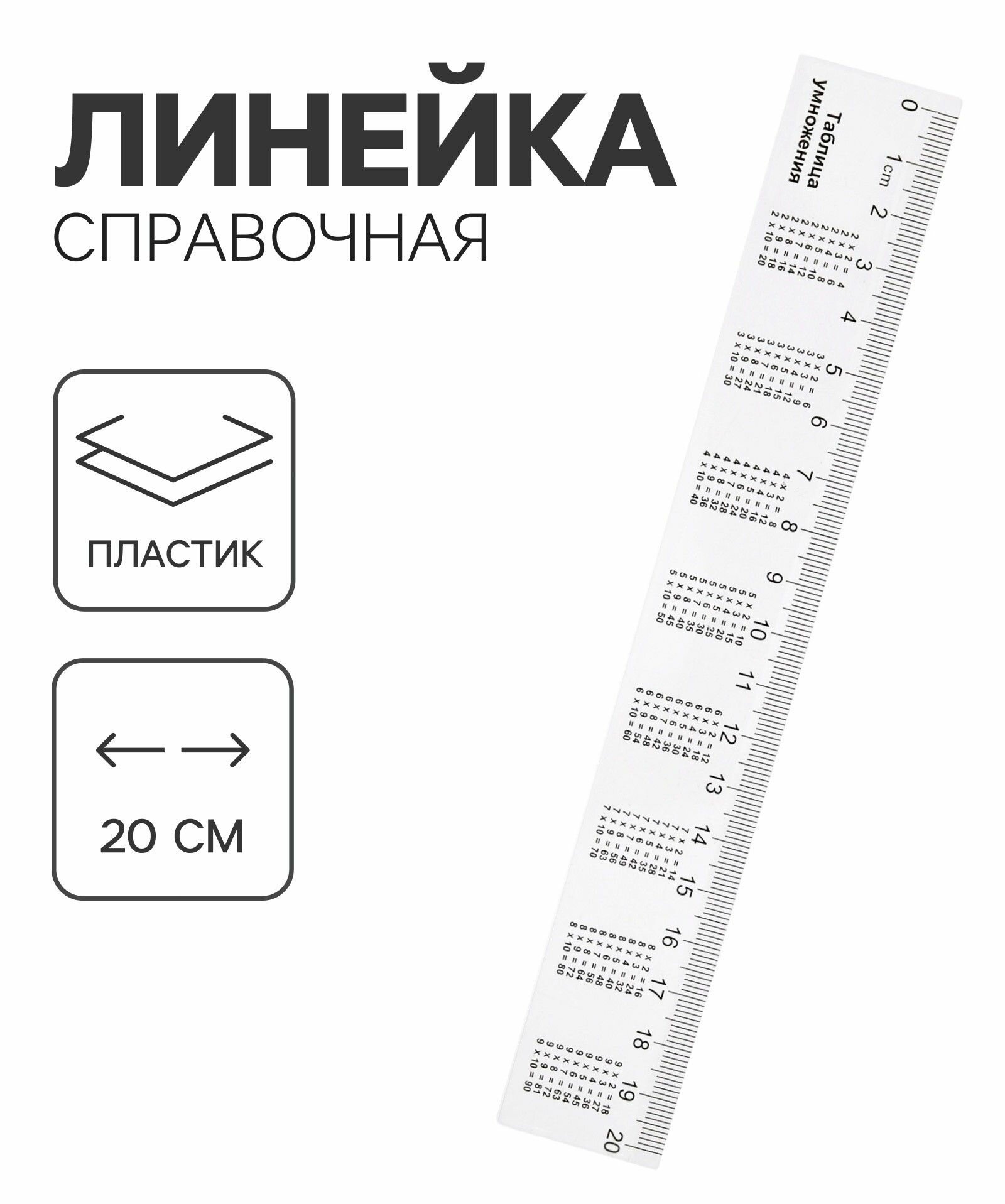 Набор 5 шт. линейка справочная, 20 см, с таблицей умножения, бесцветная