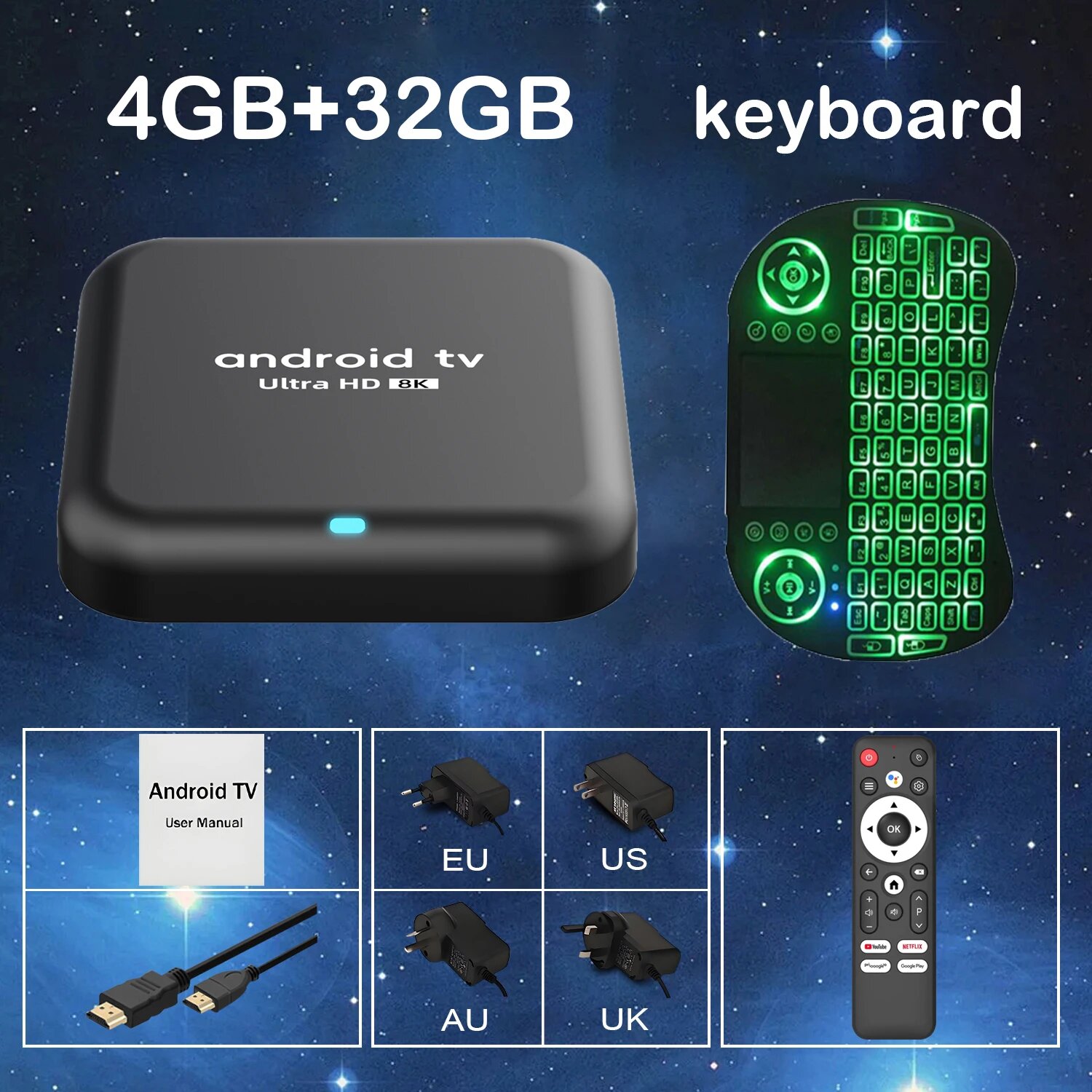 Android TV Box BLKJ Q18, 4ГБ+32ГБ, клавиатура, синий