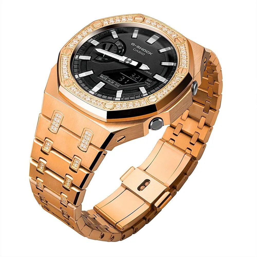Комплект корпуса и ремешка из нержавеющей стали для Casio GA2100, c бриллиантами, Роскошный АР Royal О а. к комплект модификации, розовое золото