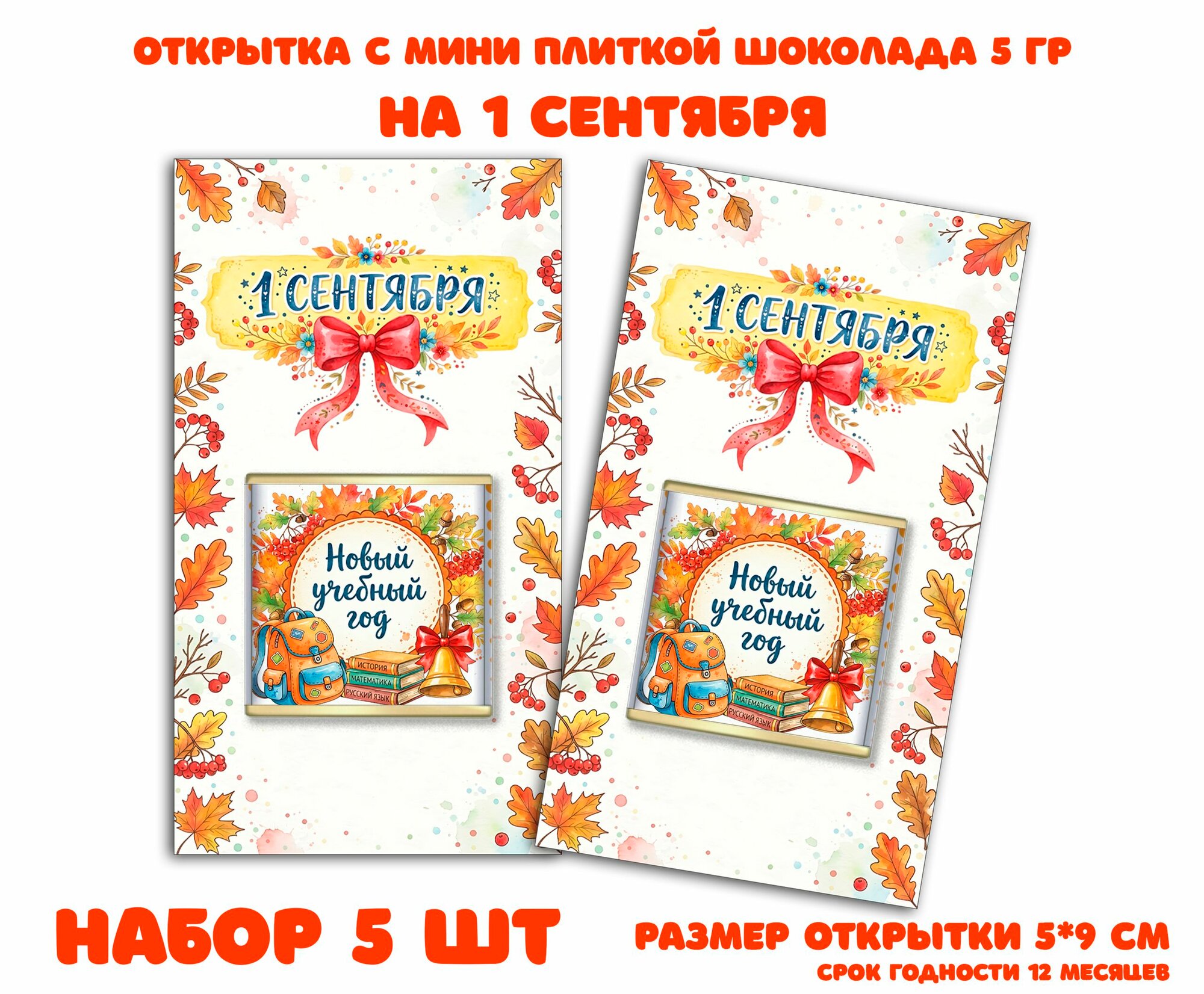 Шоколад 5 гр на открытке подарок детям на 1 сентября день знаний. набор 5 шт по 5 гр. 1 набор