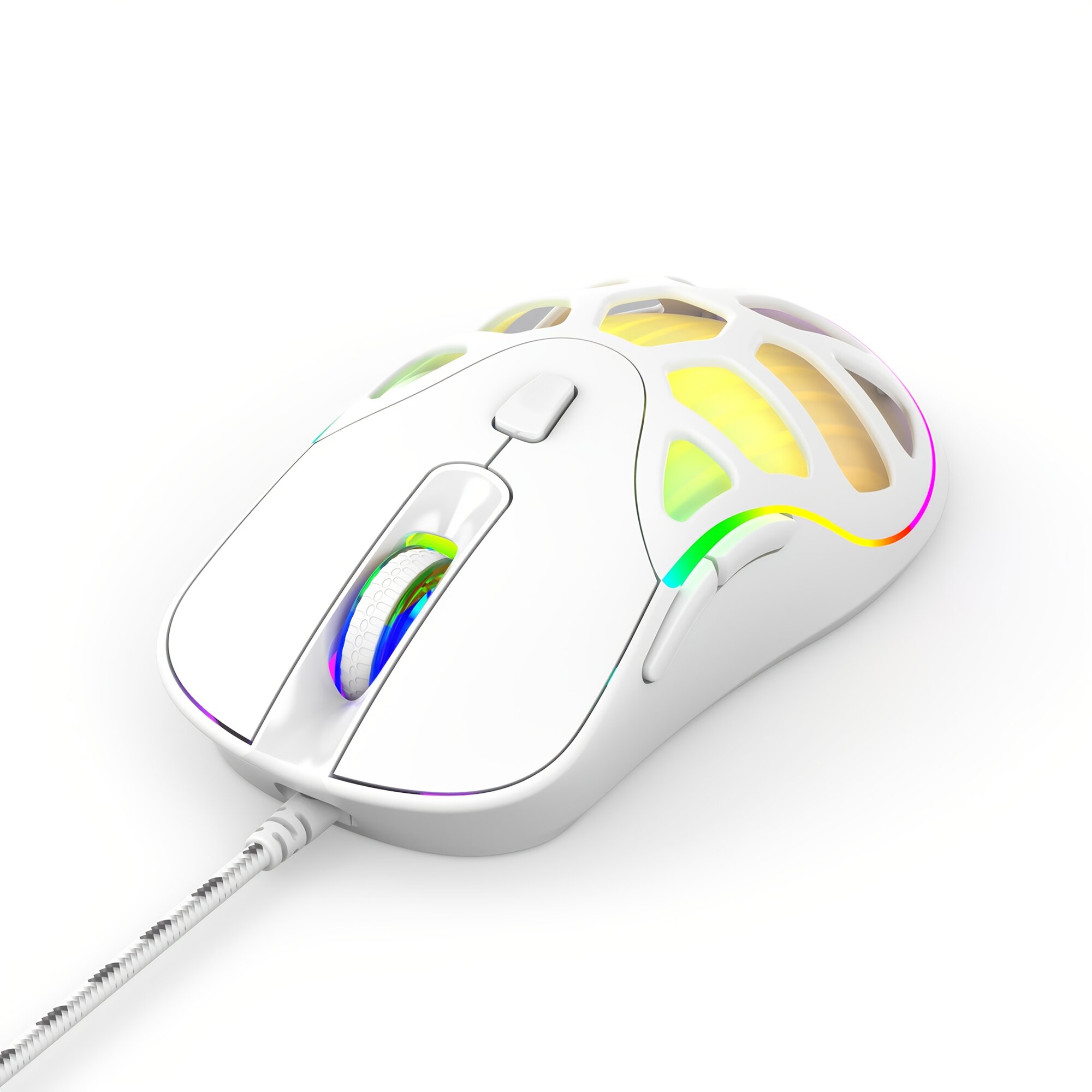 Проводная игровая оптическая мышь с перфорированным корпусом и RGB-подсветкой, легкая программируемая модель на 7 кнопок с регулировкой скорости до 7200, эргономичным хватом и прочным кабелем в оплетке для ПК и ноутбуков, белый цвет
