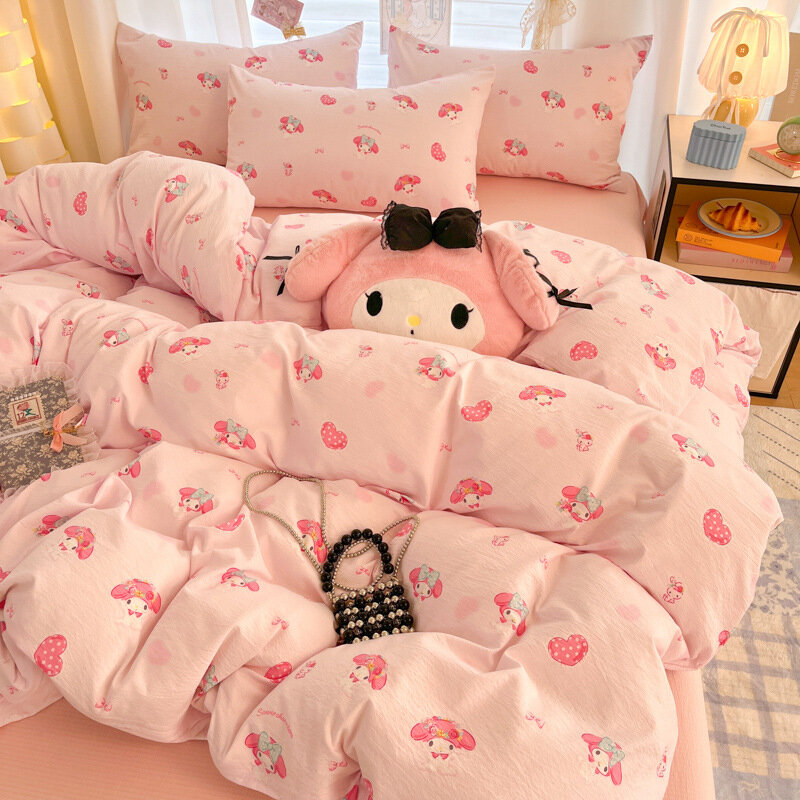 Набор из четырех предметов A-Class Genuine Sanrio из стираного хлопка с двойным слоем пряжи, мультяшный кот KT, набор из трех предметов для общежития из чистого хлопка