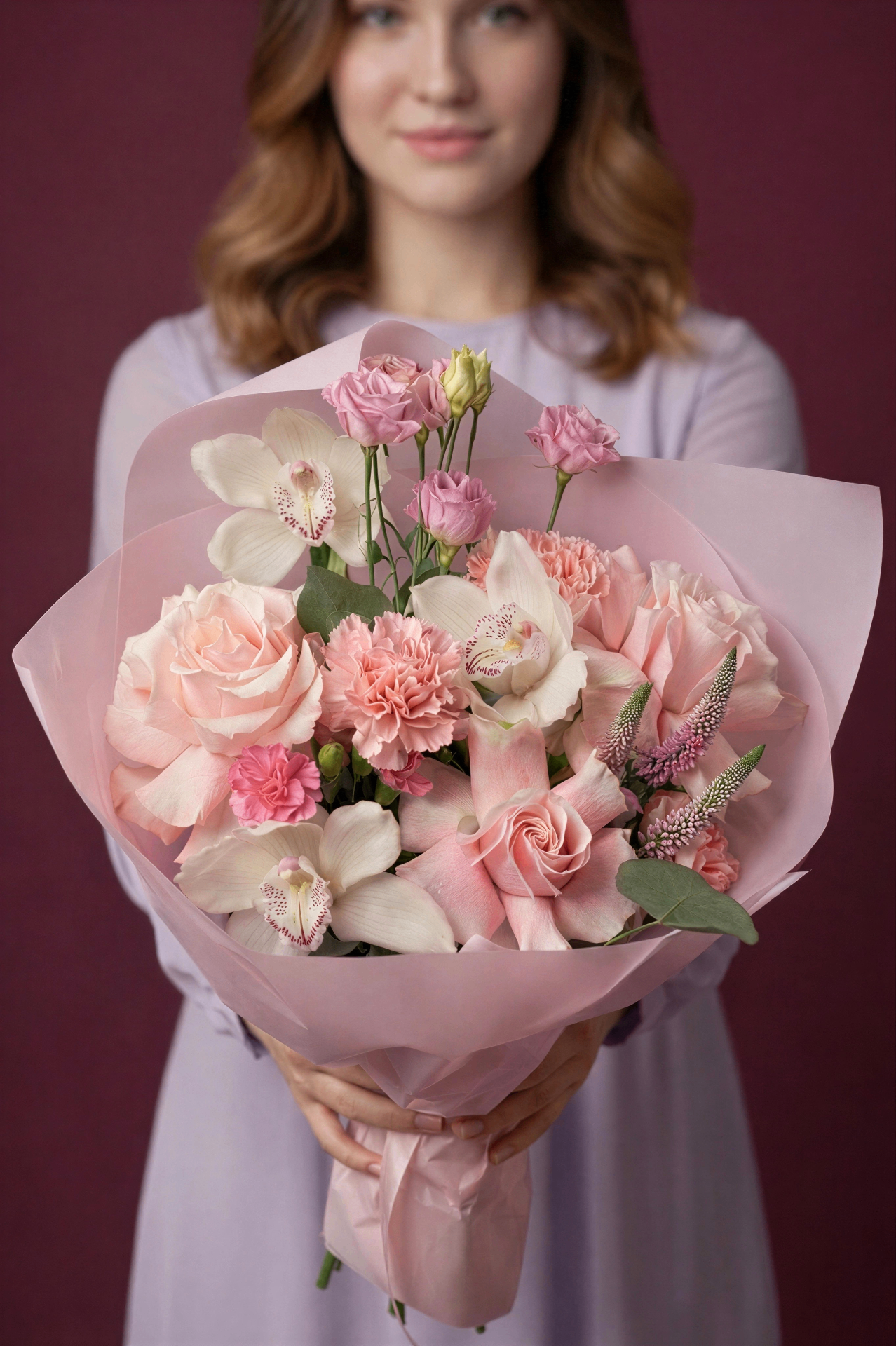 Сборный букет " Для принцессы" с орхидеей, розами и эустомой