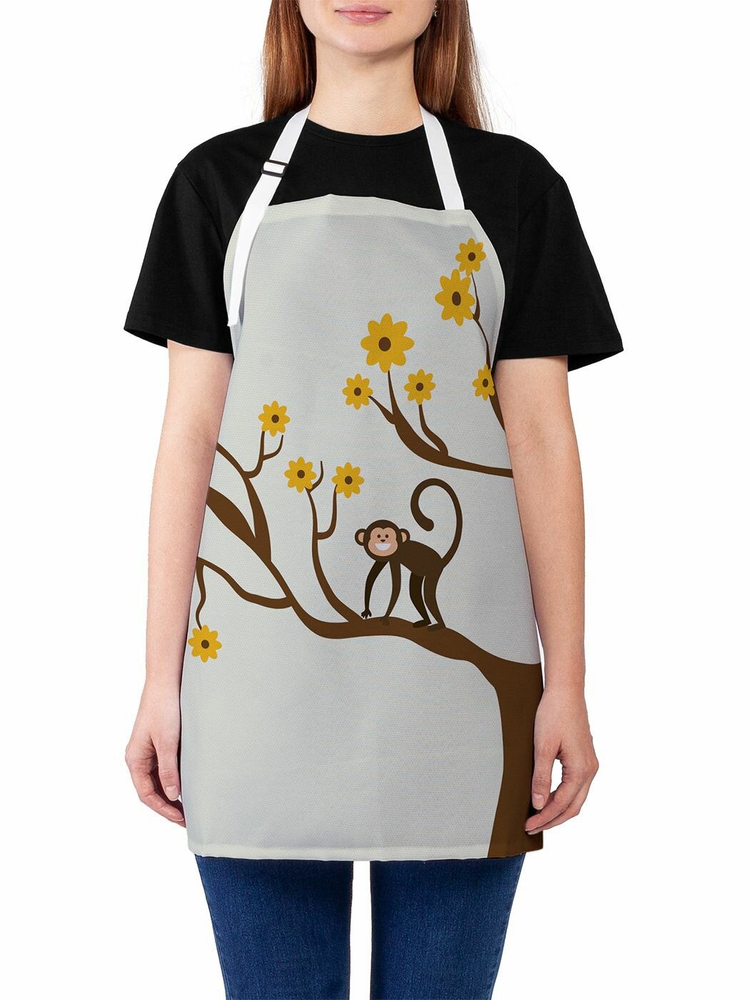 Фартук для кухни тканевый "Обезьяны на цветущем дереве" / водоотталкивающий, универсальный размер , JoyArty