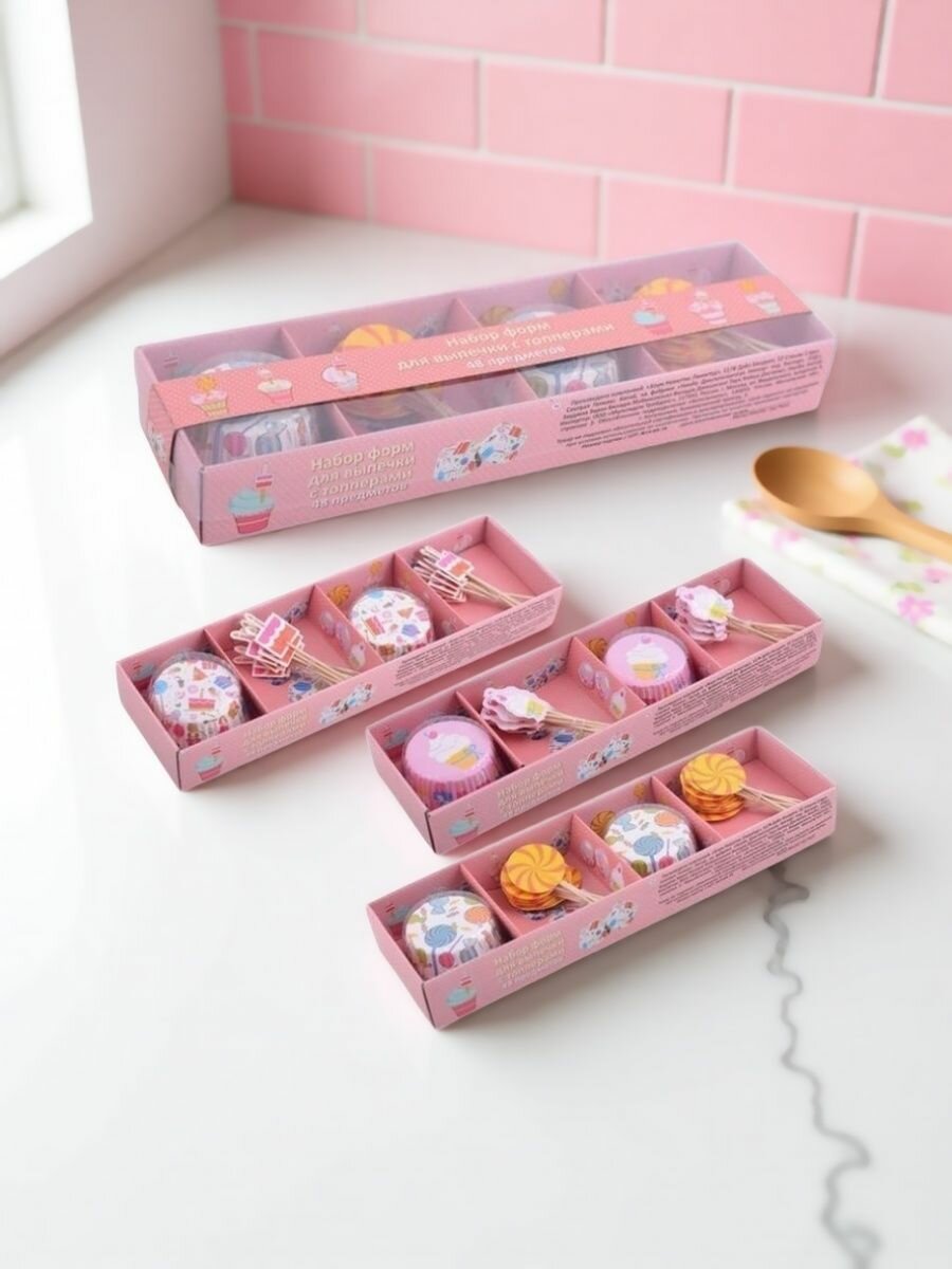 Форма для выпечки с топперами одноразовая бумажная 48шт