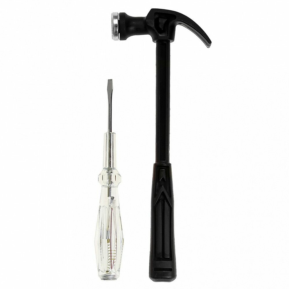 Набор инструментов 2 предмета: мини молоток-гвоздодер пластмассовый, боек - металл, 18,5х6,9х1,8см, отвертка индикаторная металл/пластик 13,8х1,8х1,8см