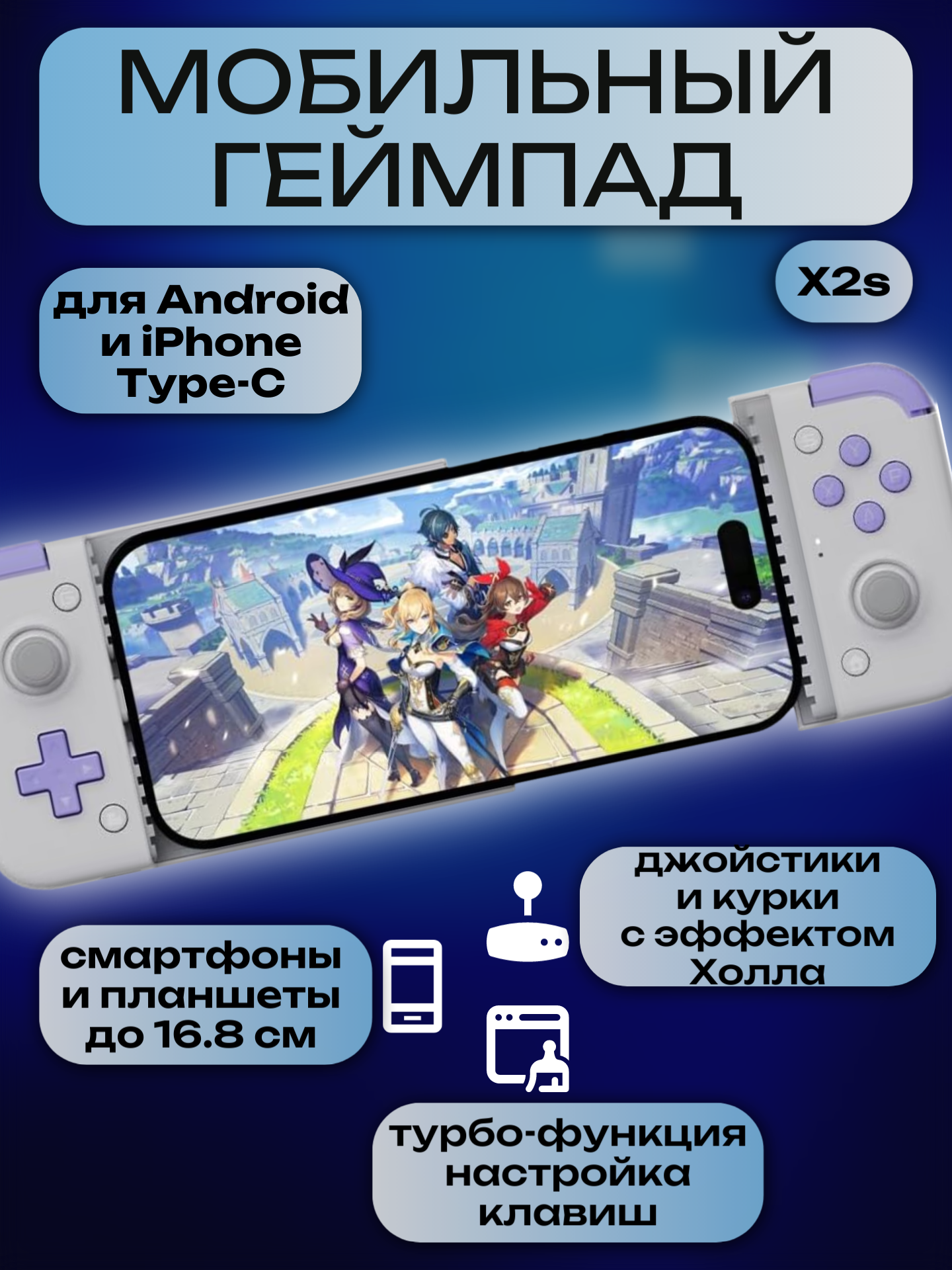 Мобильный геймпад Gamesir X2s Type-C для смартфонов Android и iPhone, серый/сиреневый