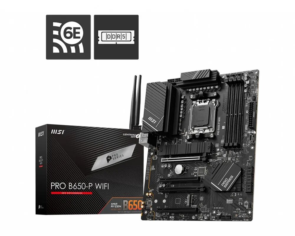 Материнская плата MSI PRO B650-P WIFI || B650, AM5, 4*DDR5, 4*PCIEx16, 2*M.2, 2*TypeC, 3*USB3.2Gen2, 6*USB3.2Gen1, 4*USB2.0, 6*SATA3.0, 2.5G, DP, HDMI, ATX, RTL уц-3-1