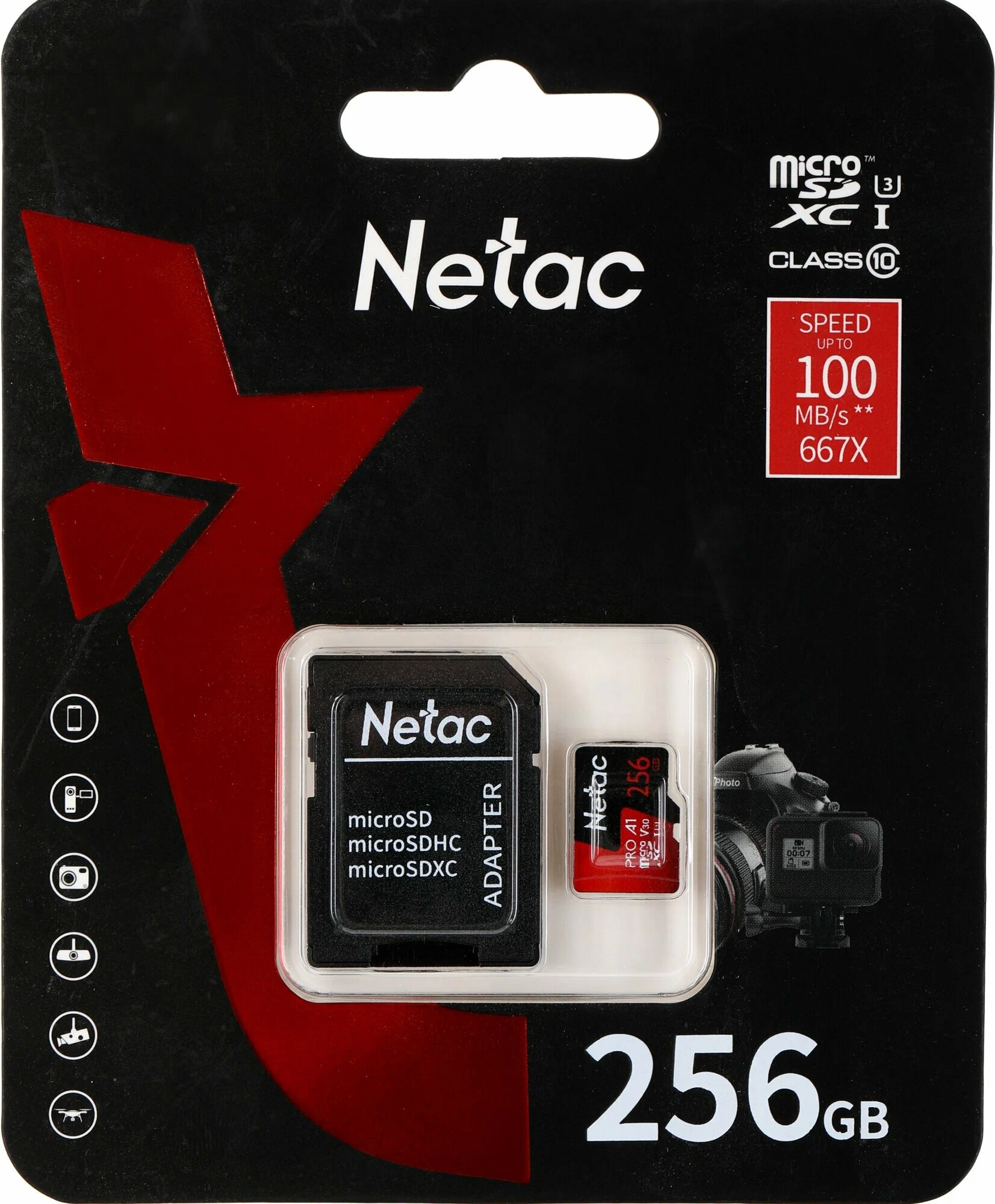 256GB Карта памяти MicroSDXC NETAC P500 Extreme Pro Class 10 UHS-I A1 V30 (100 Mb/s) с адаптером (NT02P500PRO-256G-R)