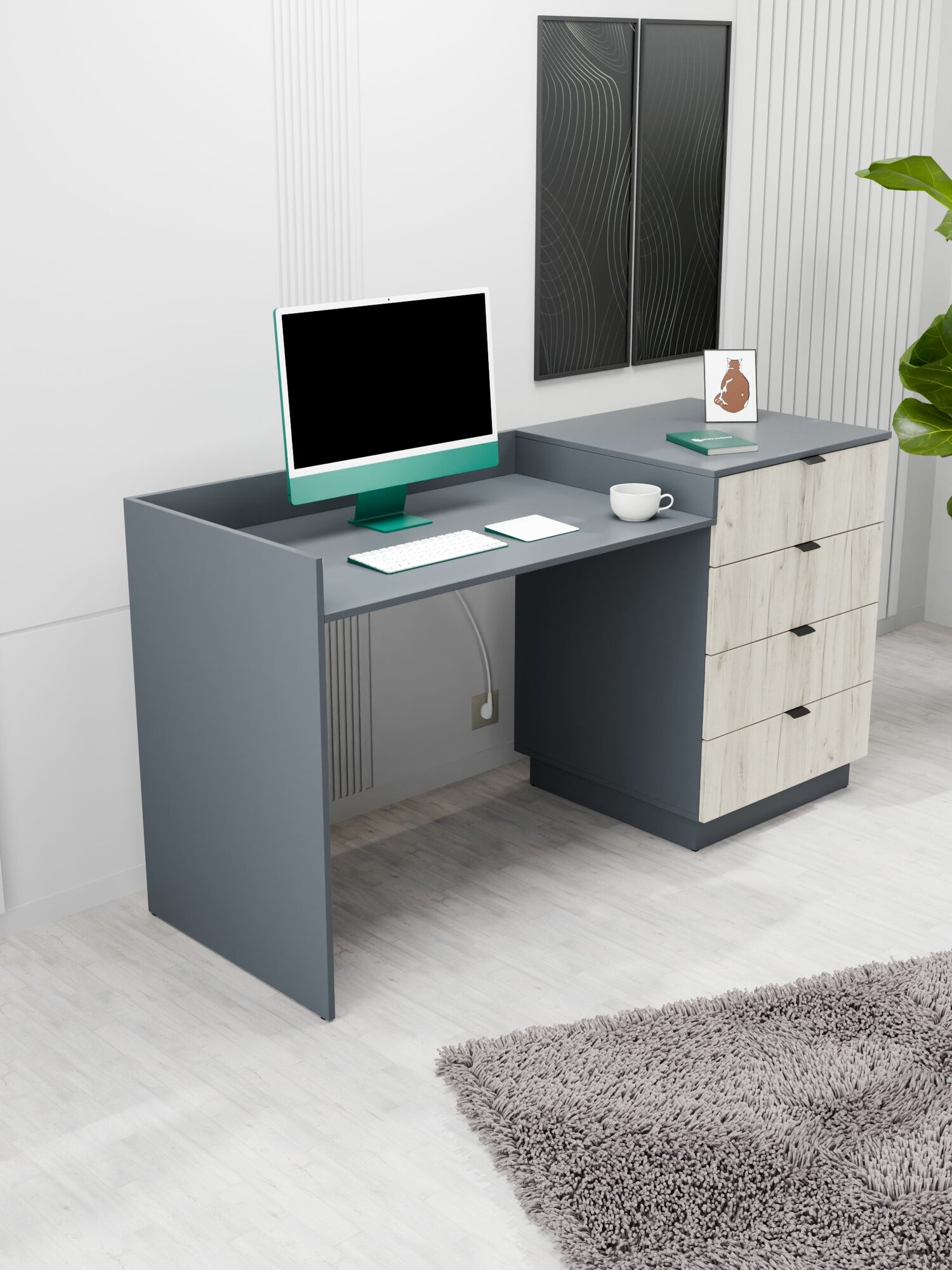 Изумлит Стол письменный для офиса и дома Бридж 163.2х86.6х60 см, графит - дуб крафт белый