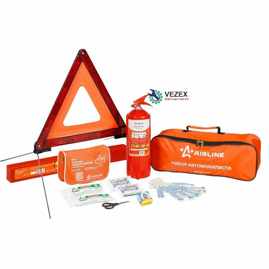 AIRLINE ANA01 Набор автомобилиста Техосмотр (Знак AT-02+Аптечка AM-01+Огнетушитель ОП2 AO-OP2+Перчатки AWG-C-01 Техосмотр