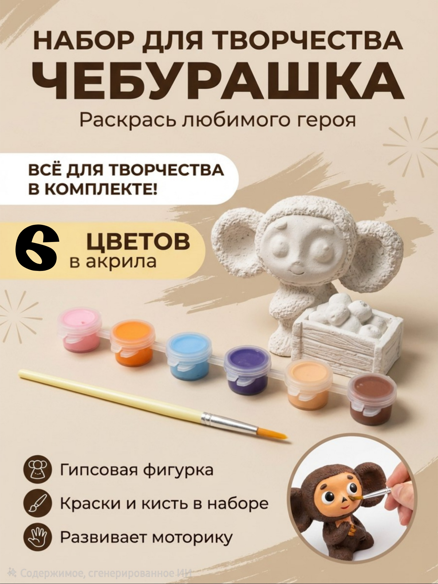 Набор для творчества "Чебурашка" Раскраска Гипсовых Фигурок с Красками