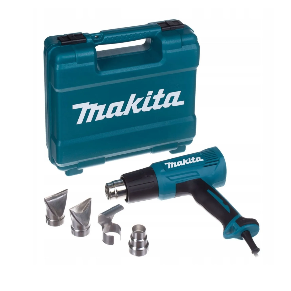Фен строительный Makita HG5030K, 1600 Вт, 500 л/мин, кабель 2 м, 4 насадки, бирюзовый