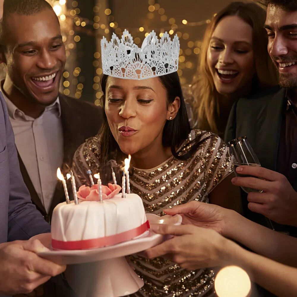 Серебристая кружевная корона для дня рождения, украшение для праздника