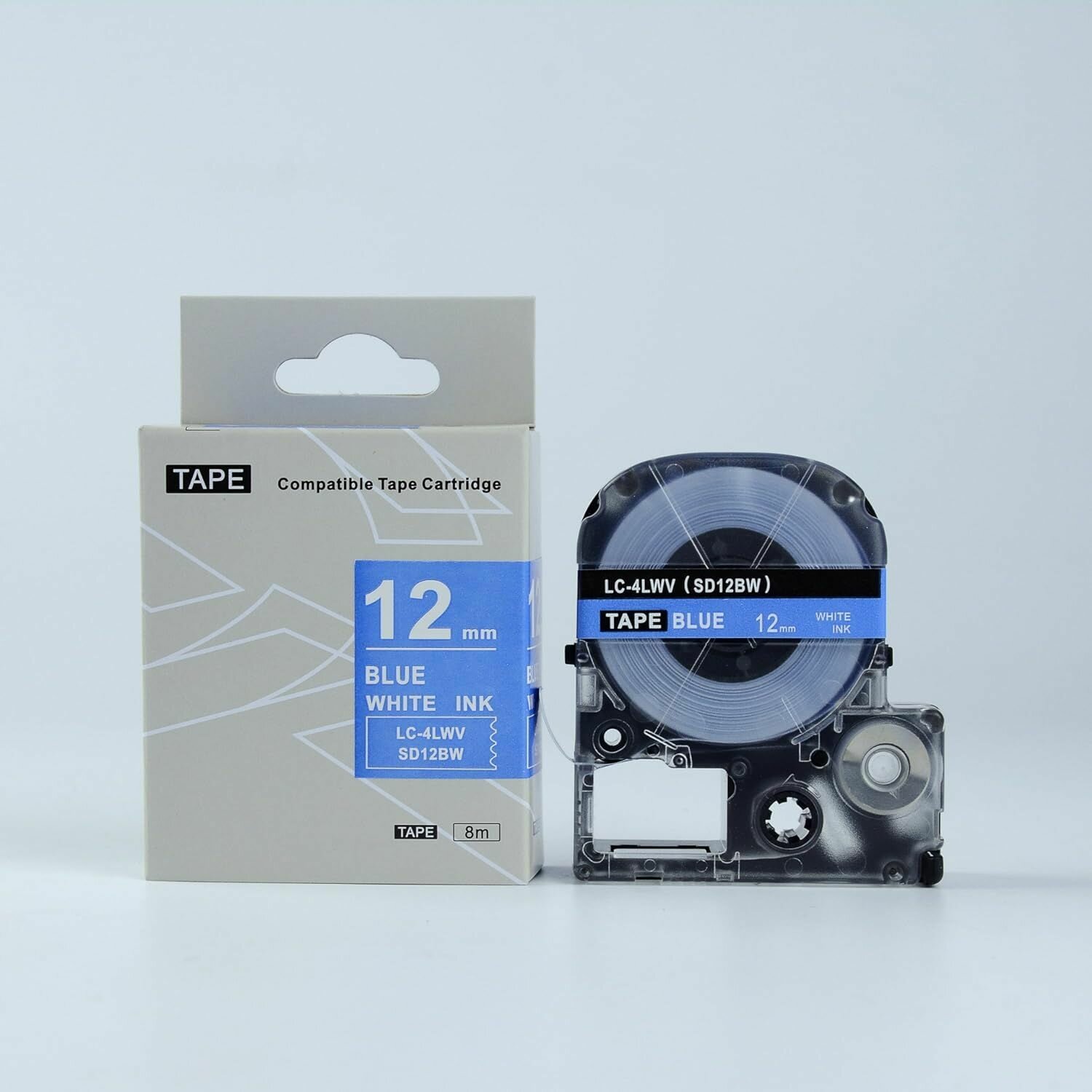 Картридж ленточный для принтеров Epson серии LW. белый текст на голубой ленте ширина 12 мм / Кассета с лентой / Лента для принтера Epson / AD12BW(LA-4LWV)