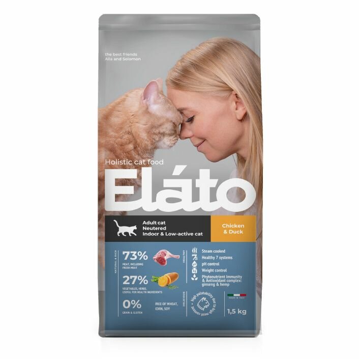 Корм сухой Elato Holistic для стерилизованных и малоактивных кошек, Курица и Утка, 1,5 кг