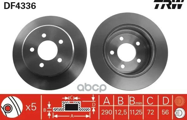 Тормозной диск Chrysler Voyager (1995-), Dodge Caravan (2000-), Jeep Cherokee (2001-) R TRW арт. DF4336
