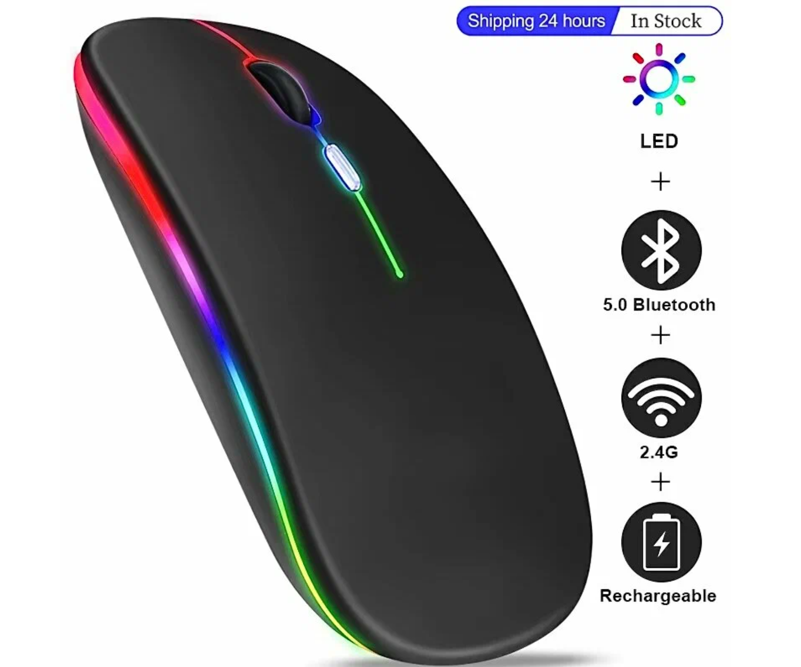 Мышь беспроводная для компьютера и ноутбука с подсветкой бесшумная (черная)