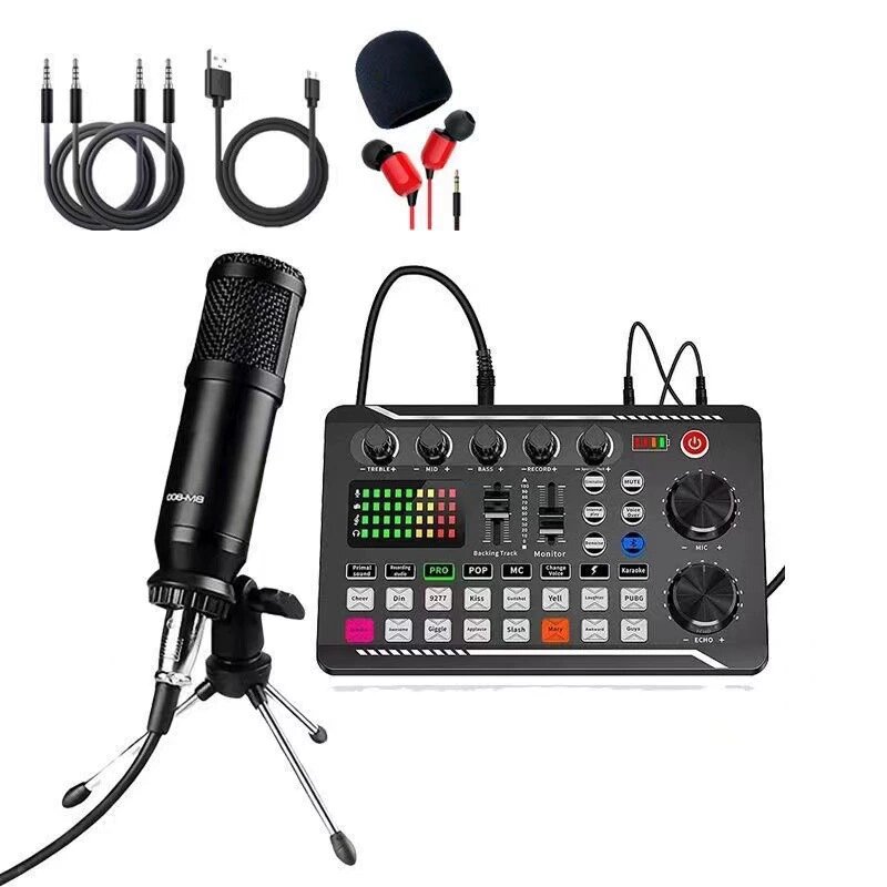 Студийный комплект для стрима и записи – микрофон с кронштейном и поп-фильтром + звуковая карта для ПК и ноутбука，Рабочий стол