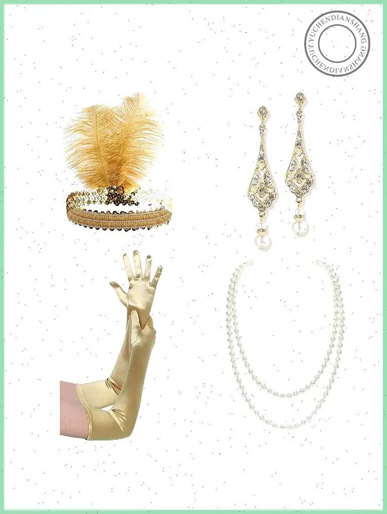Комплект аксессуаров в стиле 1920-х для вечеринки - золотой, 4 предмета