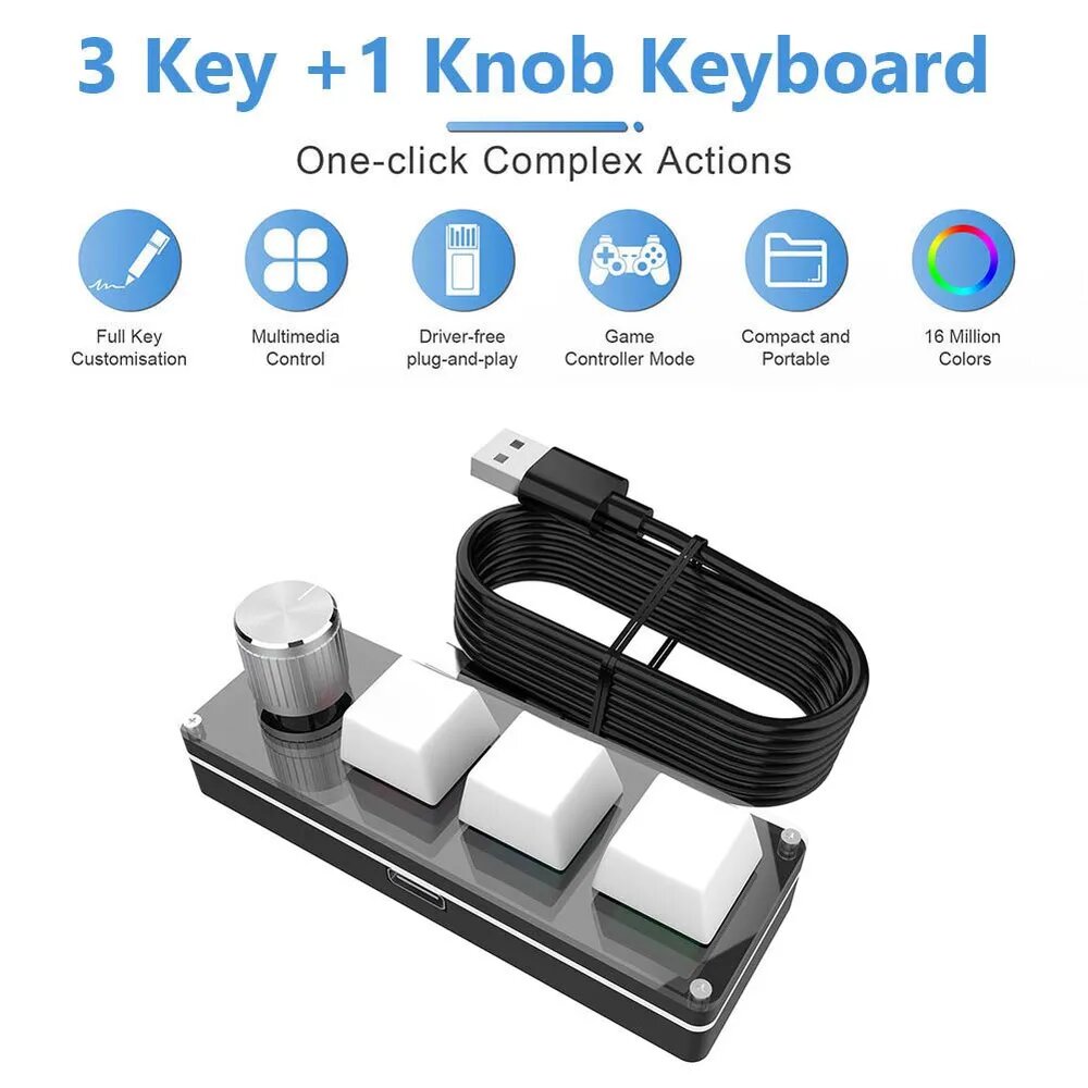 Клавиатура с USB мини, 3 кнопки, энкодер, программируемая, с RGB подсветкой, механическая, компактная