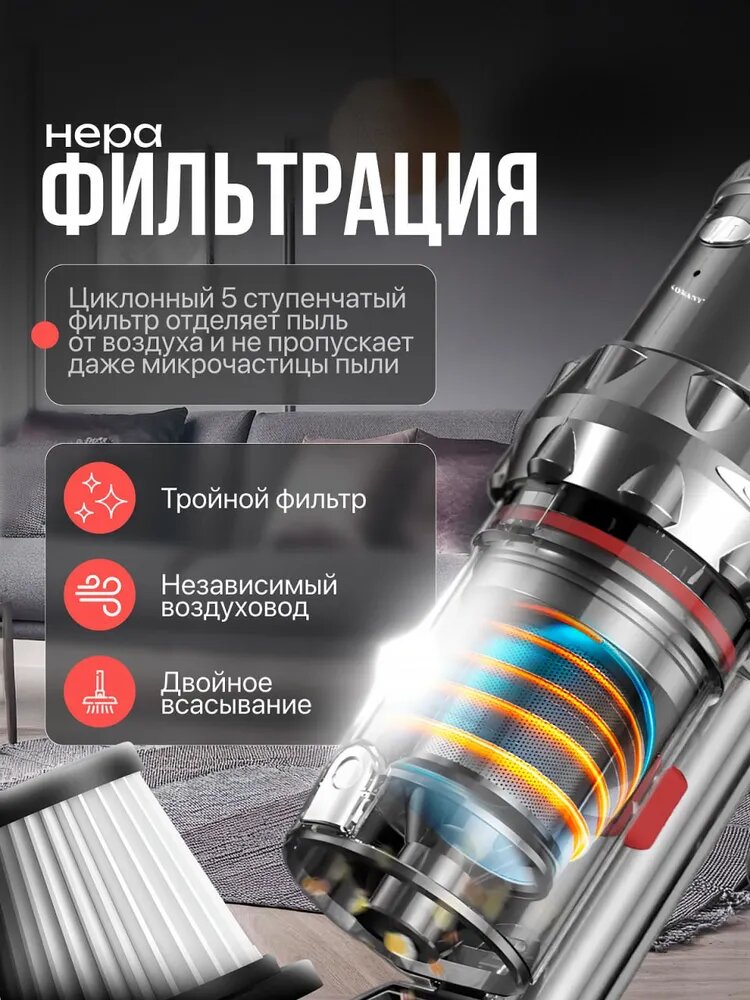 Вертикальный пылесос для сухой и влажной уборки, мощность 2000 Вт, объем пылесборника 1100 мл, 4 насадки + моющая насадка — фото 1