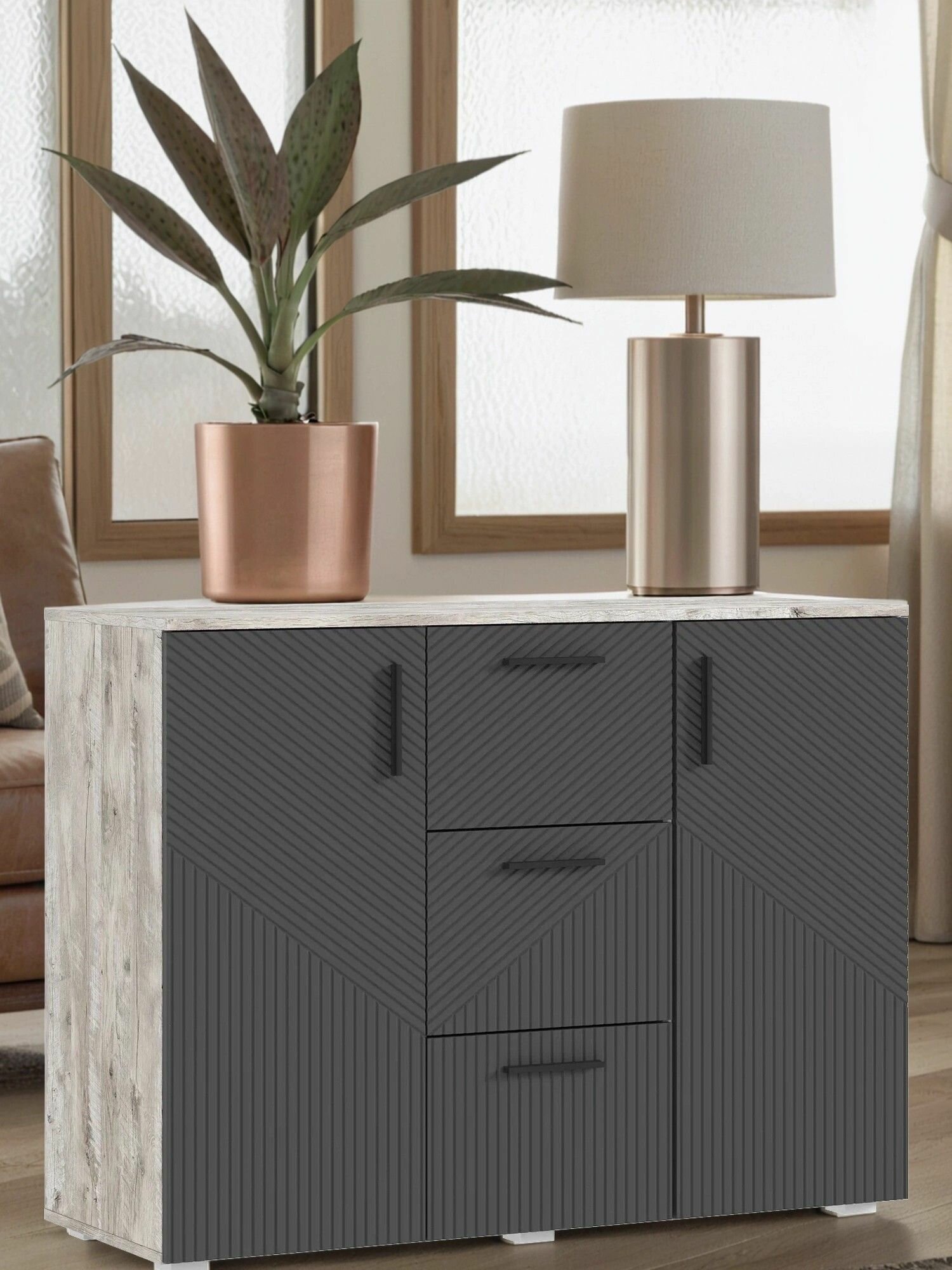 Сильвия Комод 3 ящика 2 двери, Браш Графит, Дуб Юкон