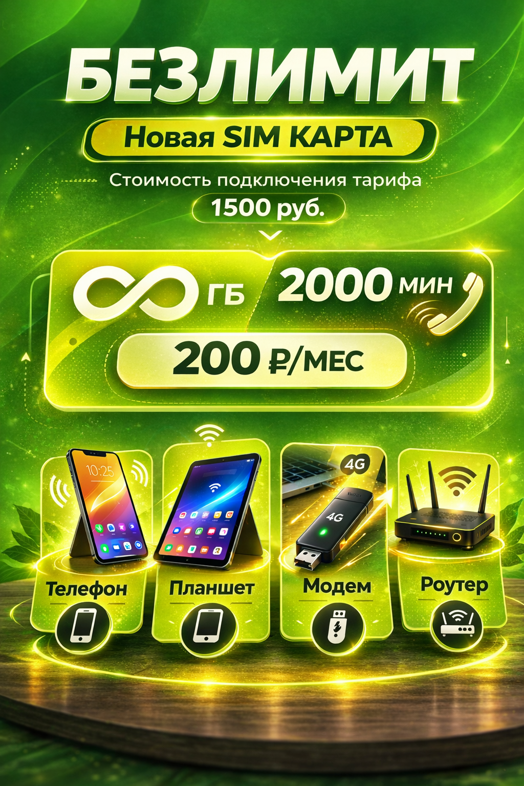 Сим-карта с безлимитным интернетом, для телефона, модема и роутера