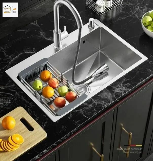 Мойка для кухни из нержавеющей стали X M 50*45 см Кухонная раковина с круглым сливом. Цвет сатин В комплекте сифон, дозатор для мыла, решетка/коландер для овощей.